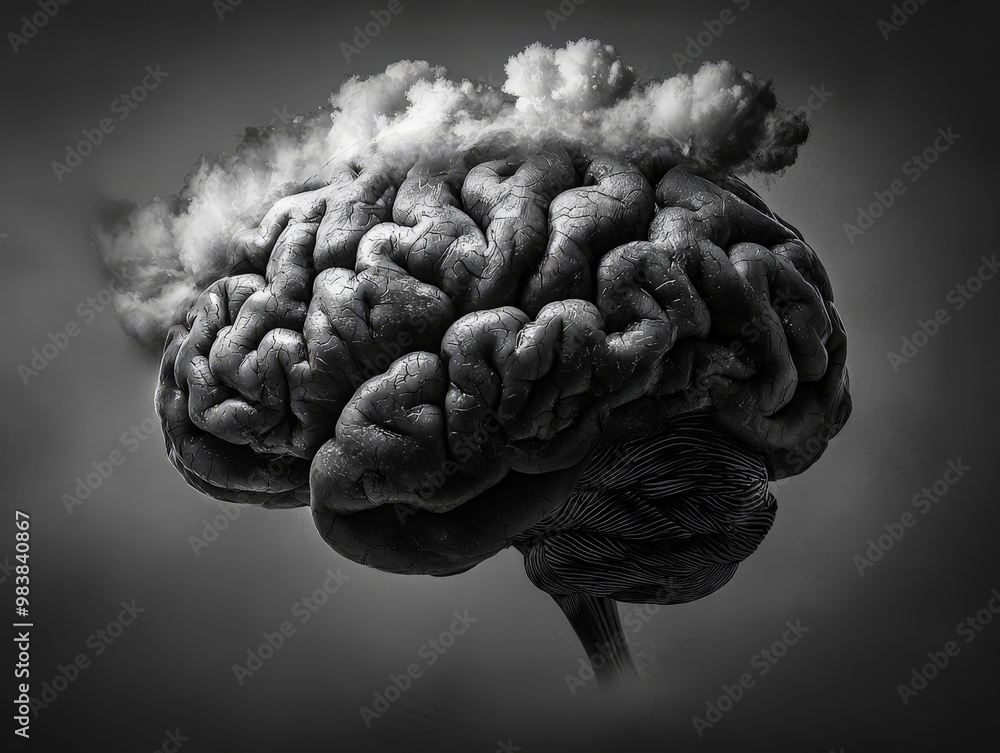 A brain with dark, stormy clouds inside, labeled with harsh, self ...