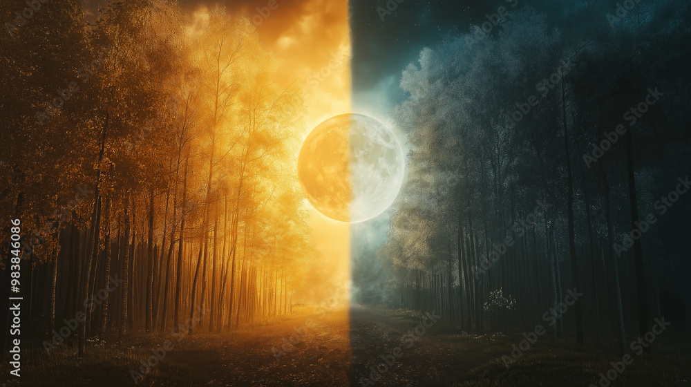 Light and Dark Forest, a forest scene split in two, with one side ...