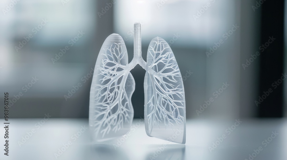 3D-printed lung with visible alveoli, suspended in transparent gel, demonstrating simulated ...