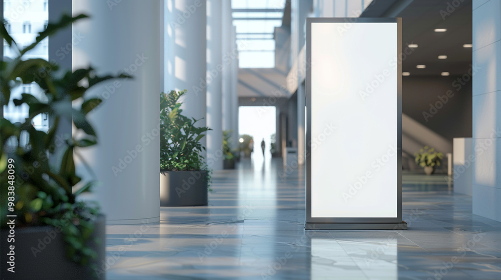 White mockup signboard in the entrance hall of a bustling business ...