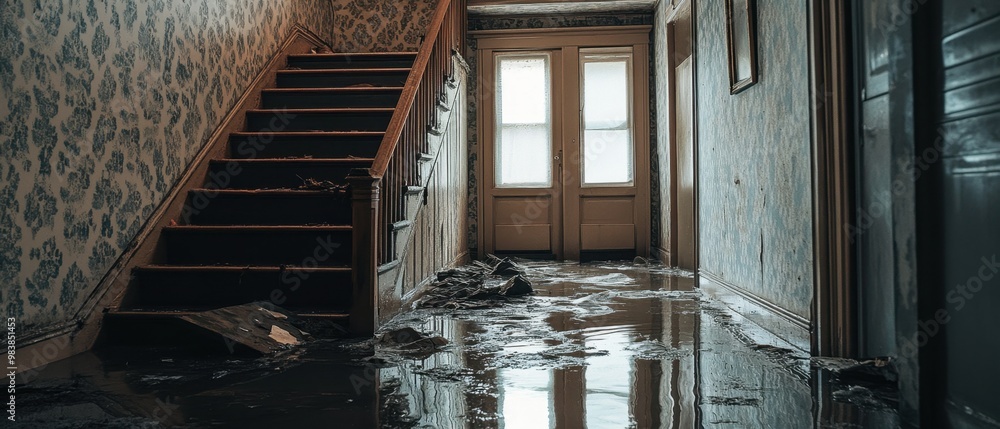 Flooded hallway with stagnant water broken stairs peeling wallpaper ...