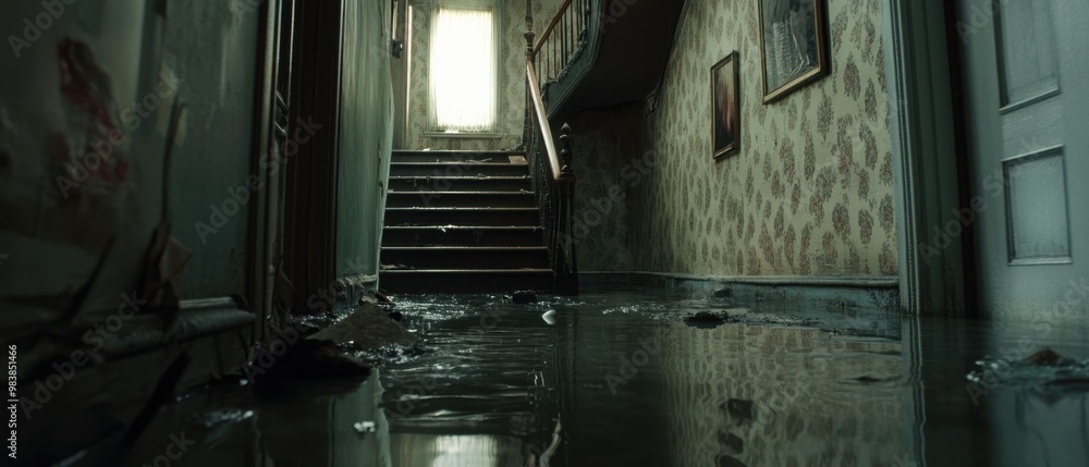 Flooded hallway with stagnant water broken stairs peeling wallpaper ...