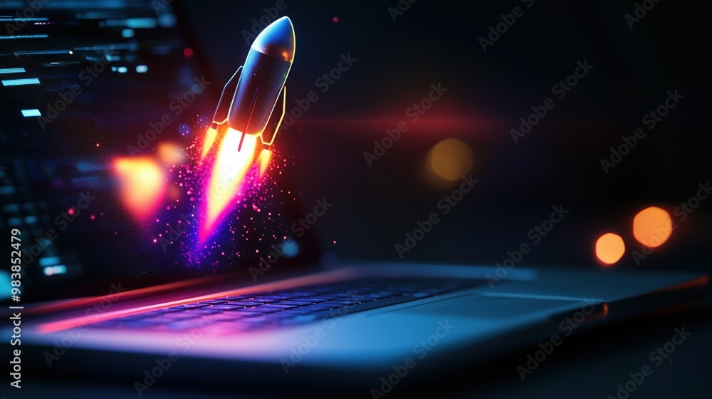 Show a rocket launching from a laptop screen with glowing trails ...