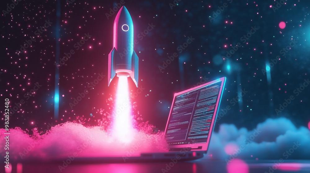 Show a rocket launching from a laptop screen with glowing trails ...