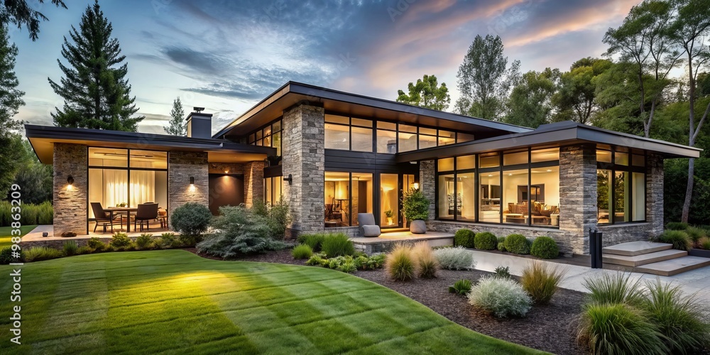 Open and airy modern ranch style home nestled among lush greenery ...