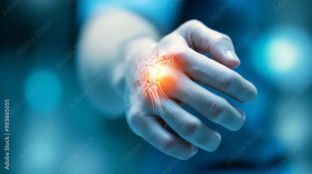 Man experiencing wrist pain, with visual highlights of muscle strain ...