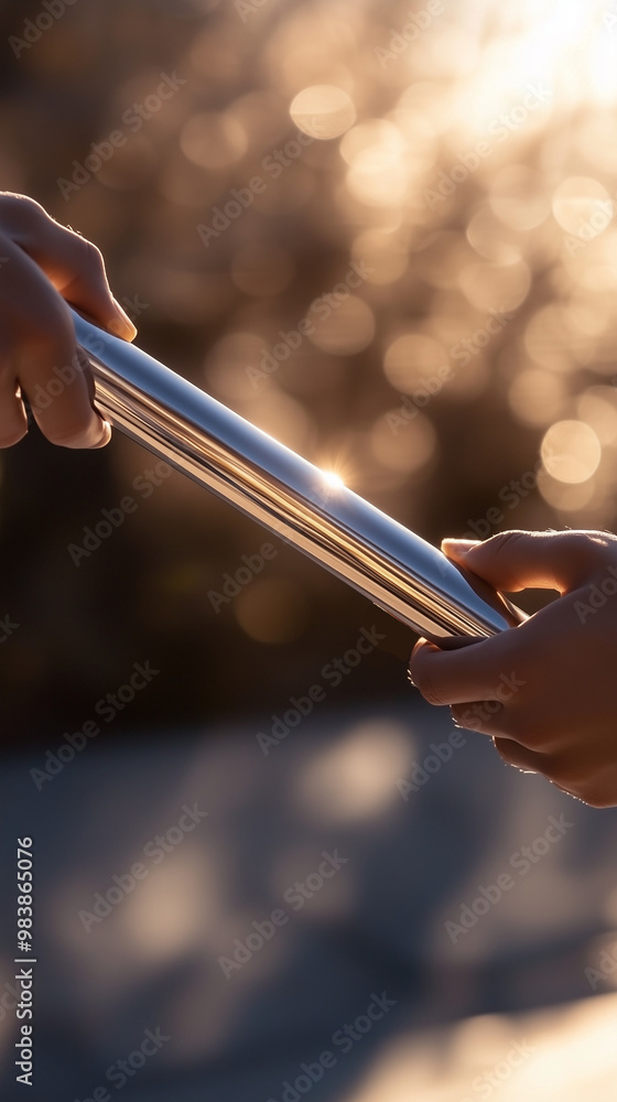 Relay baton exchange, Two hands reaching out to pass the baton, Focus ...