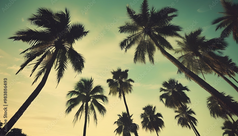 Vintage summer getaway with palm trees under a retro sky, perfect for ...