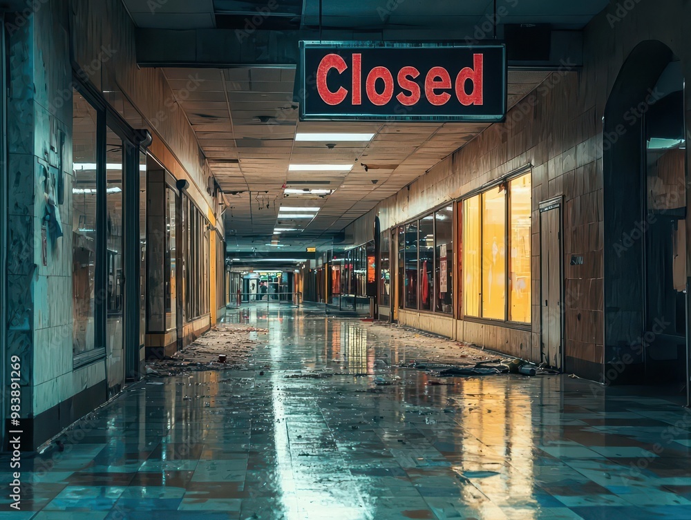 Abandoned shopping mall with Closed signs, Business failure, Retail ...