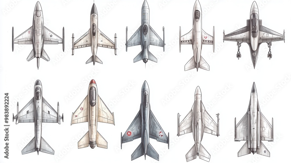 Design an image featuring a set of eight different military aircraft ...