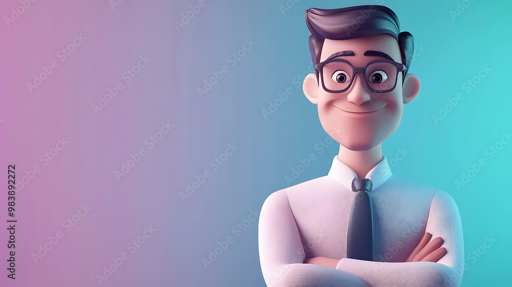 A friendly 3D financial advisor avatar with glasses, wearing white ...