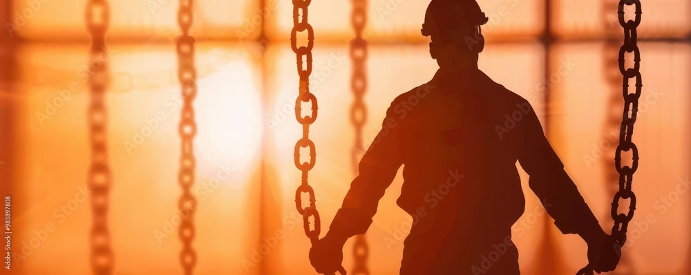 Silhouette of a worker struggling with chains made of tasks, Work ...