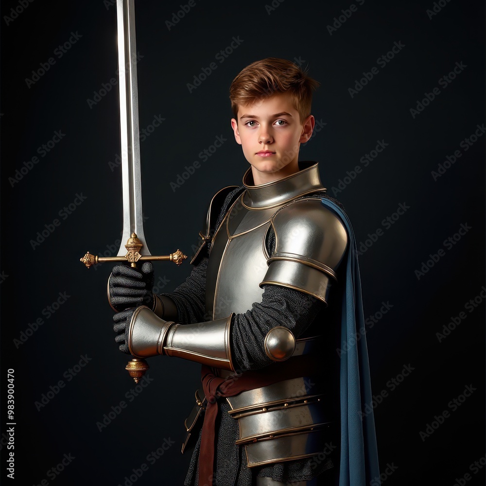 Noble portrait of a teen boy in full knight armor costume holding a ...