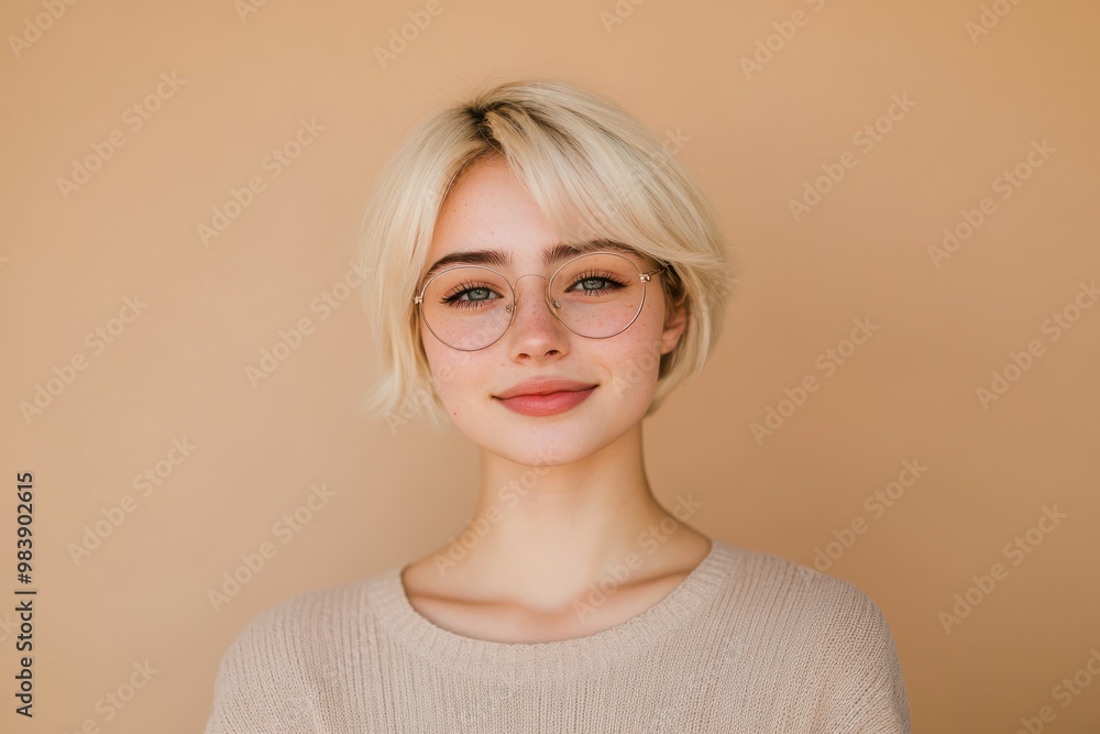 Smiling pretty gen z blonde young woman, happy college student girl ...