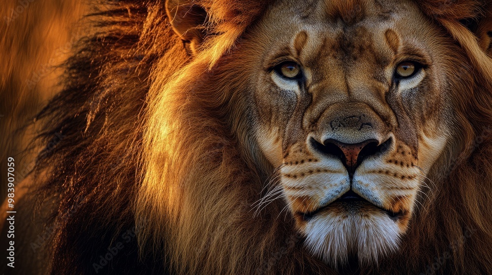The photo shows a lion's face up close. The lion has a big, fluffy mane ...