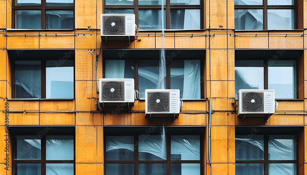 Modern air conditioning unit integrated into the buildings facade ...