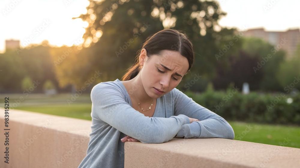 Unhealthy frustrated woman grimaces from pain, stress and tension ...