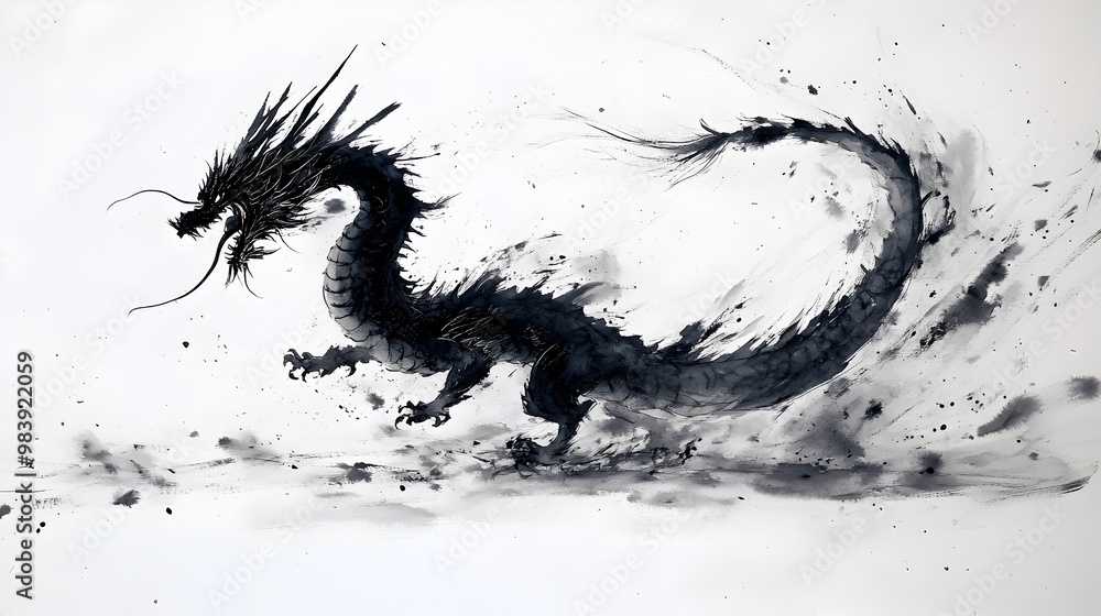 Dramatic Japanese Ink Brush Dragon Depicting Primal Beast in Explosive ...