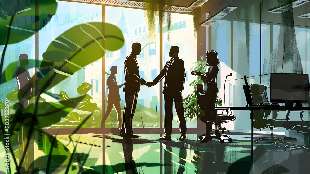 Illustrate a business partnership handshake that transitions into two ...