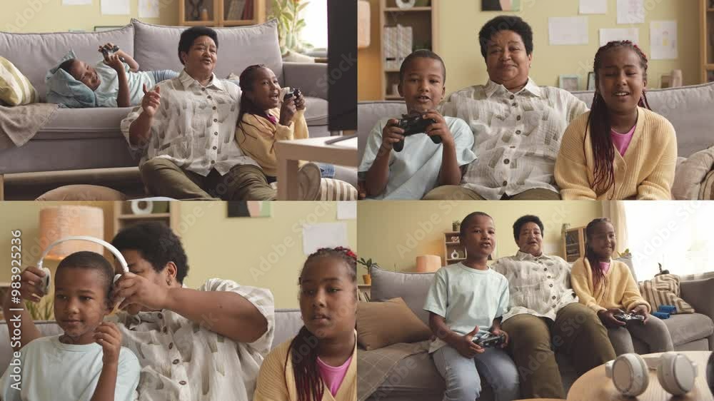 Split screen of African American tween brother and sister spending ...