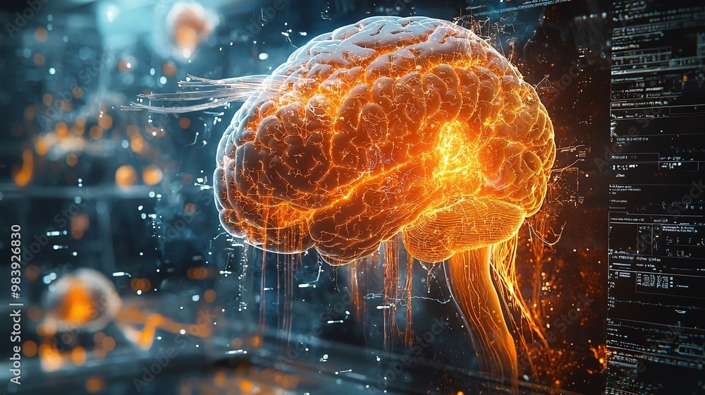 A futuristic depiction of a brain scan showing the initial and advanced ...