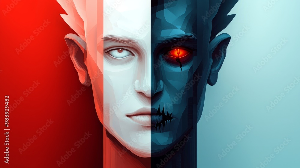 A digital illustration of a face split in half, one side angelic and ...