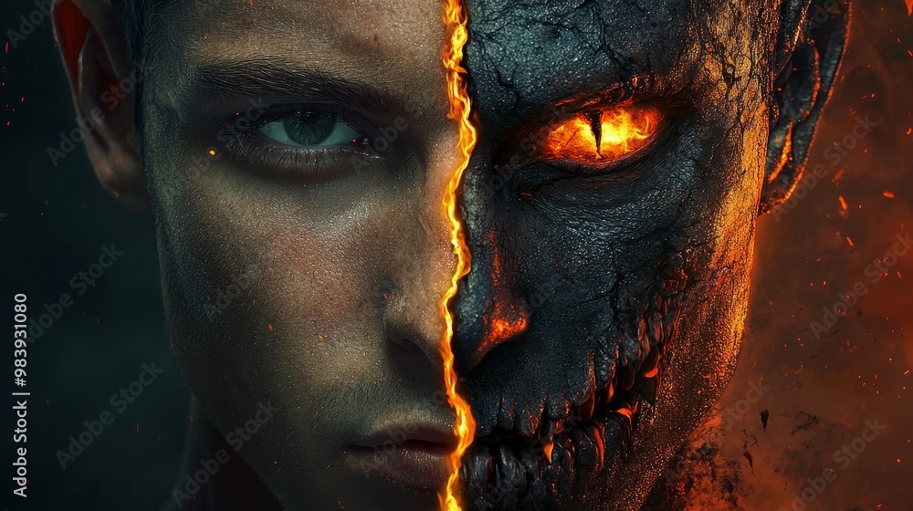 A man's face is split in half, one side is human with a piercing green ...