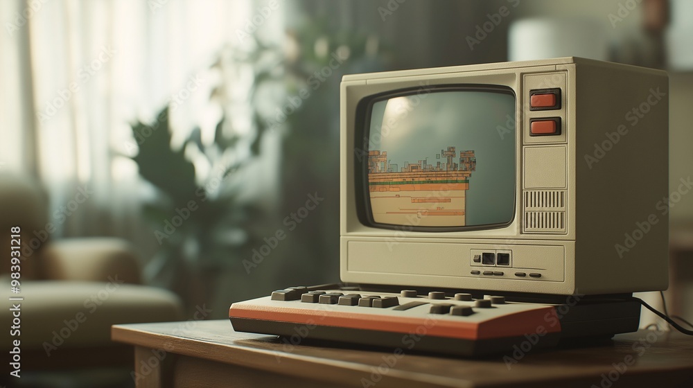 Vintage Retro Computer Game Nostalgia: A classic CRT monitor displays a ...
