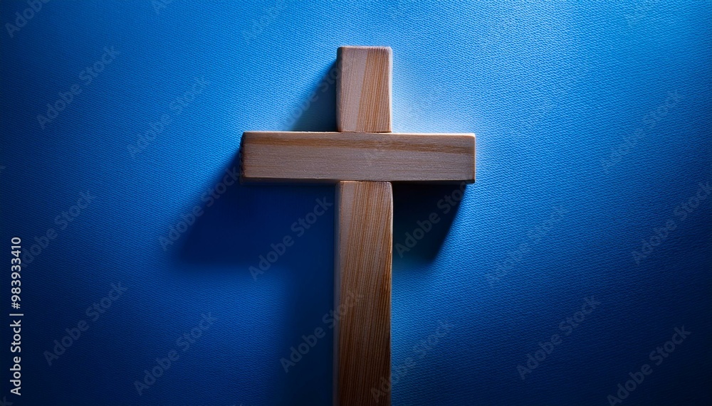 Wooden Cross on a Gradient Blue Background A wooden cross on the right ...