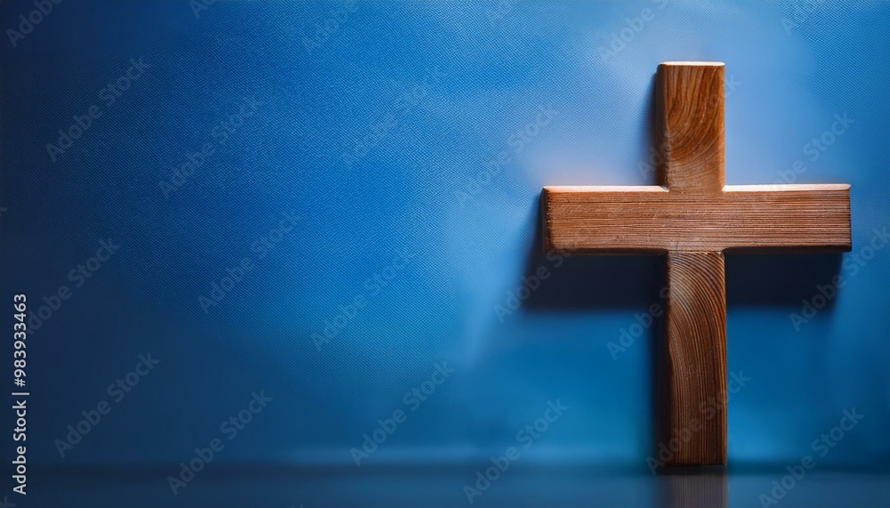 Wooden Cross on a Gradient Blue Background A wooden cross on the right ...