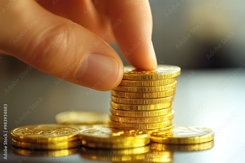 Hand stacking golden coins in a pile on a reflective surface Stock ...