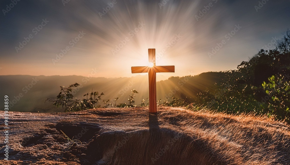 Wooden Cross with a Radiant Sunbeam Background A wooden cross ...