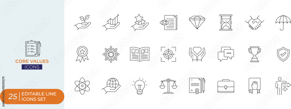 Core Values Editable Line Icon Set" features minimalist, customizable ...