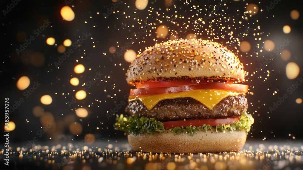 Juicy Melty Cheeseburger at Night Food Market - Vibrant 3D Illustration ...