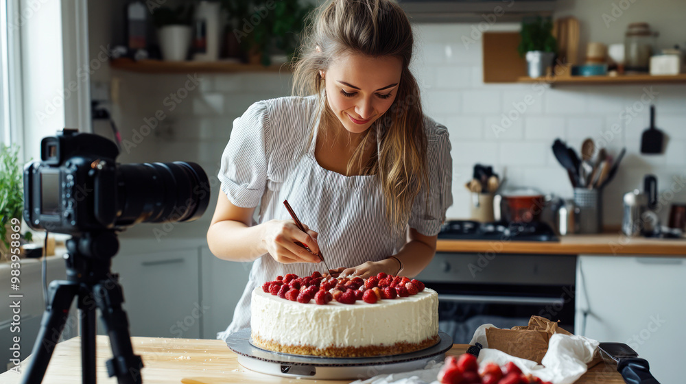 Smiling woman as a food blogger recording vlog on camera live while ...