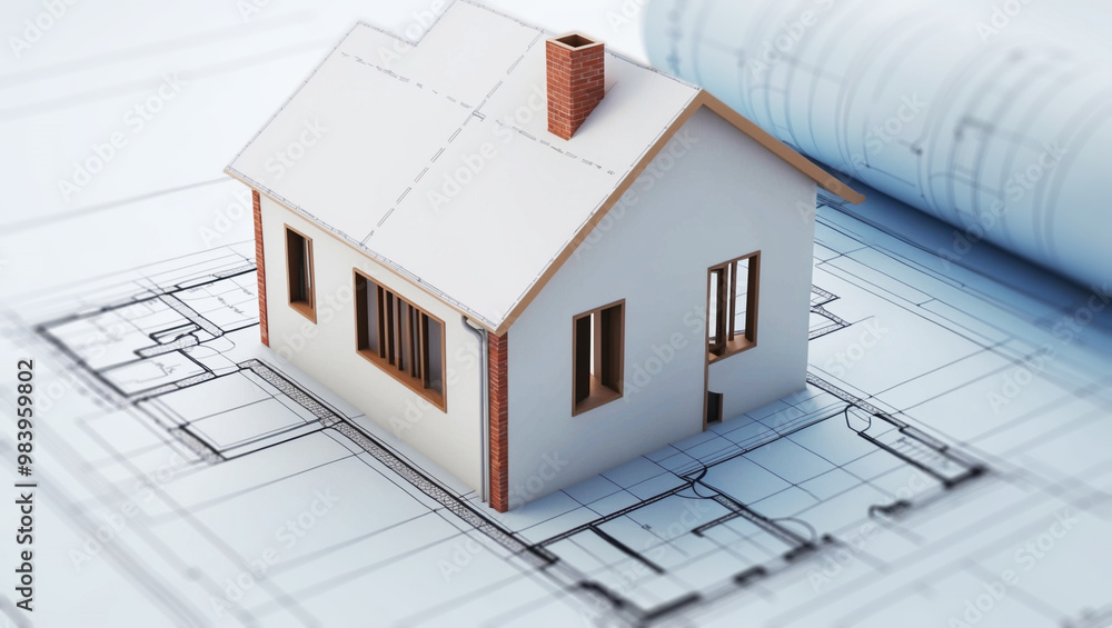 2D Blueprint with 3D Building: A construction blueprint showing a house ...