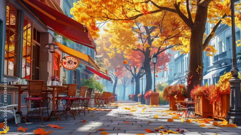 Beautiful autumn street cafe scene with colorful falling leaves and ...