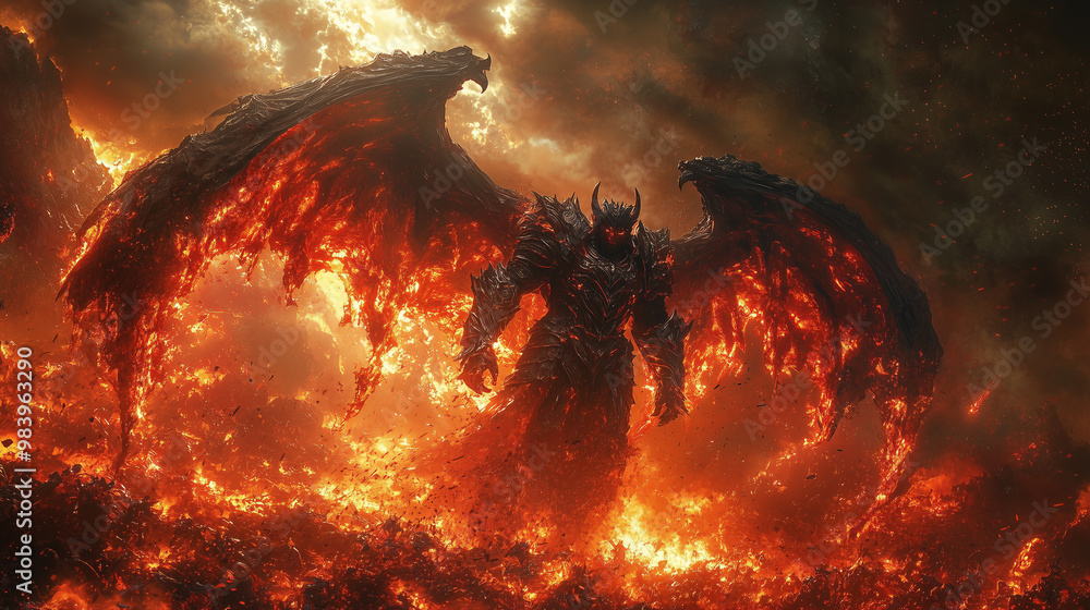 massive demon lord with fiery wings and black spiked armor, towering in ...