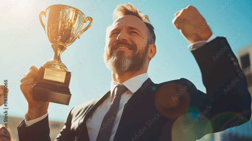 business man in suit holding a golden trophy cup, celebrating success ...