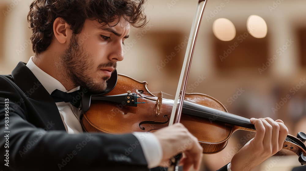 close-up of a man skillfully playing a violin, his face reflecting deep ...