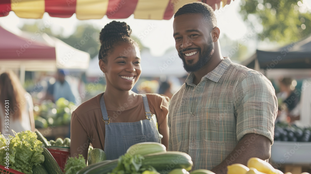 Farmers market scene with a diverse couple proudly displaying their ...