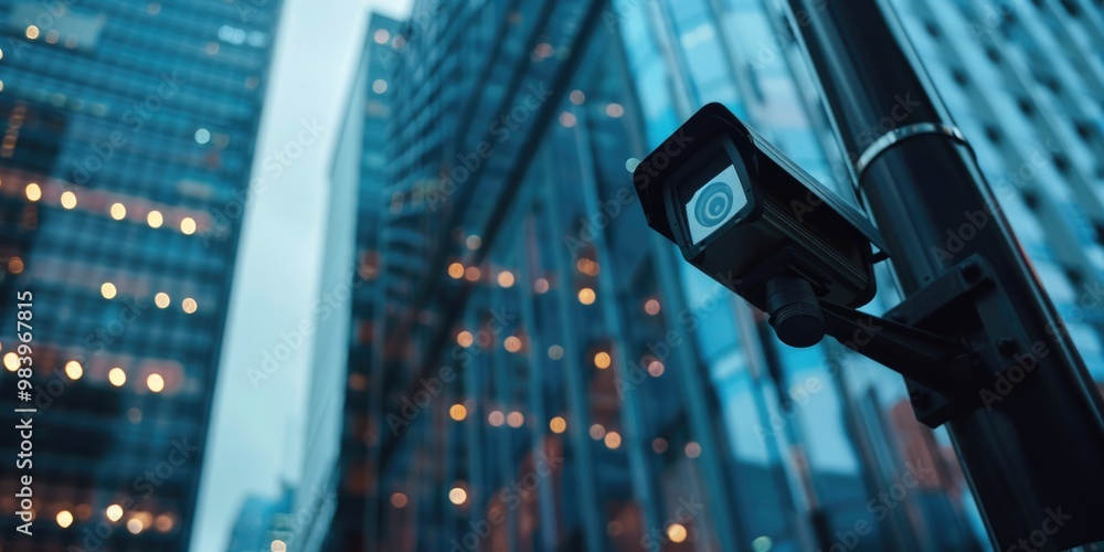 A modern urban security camera mounted on a metal pole, capturing the ...