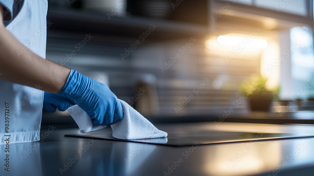 person wearing gloves polishing a spotless kitchen hood with a cloth ...