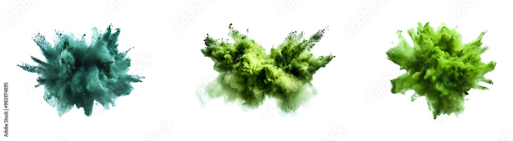 Set, collection of Green powder explosion freeze-frame isolated on ...