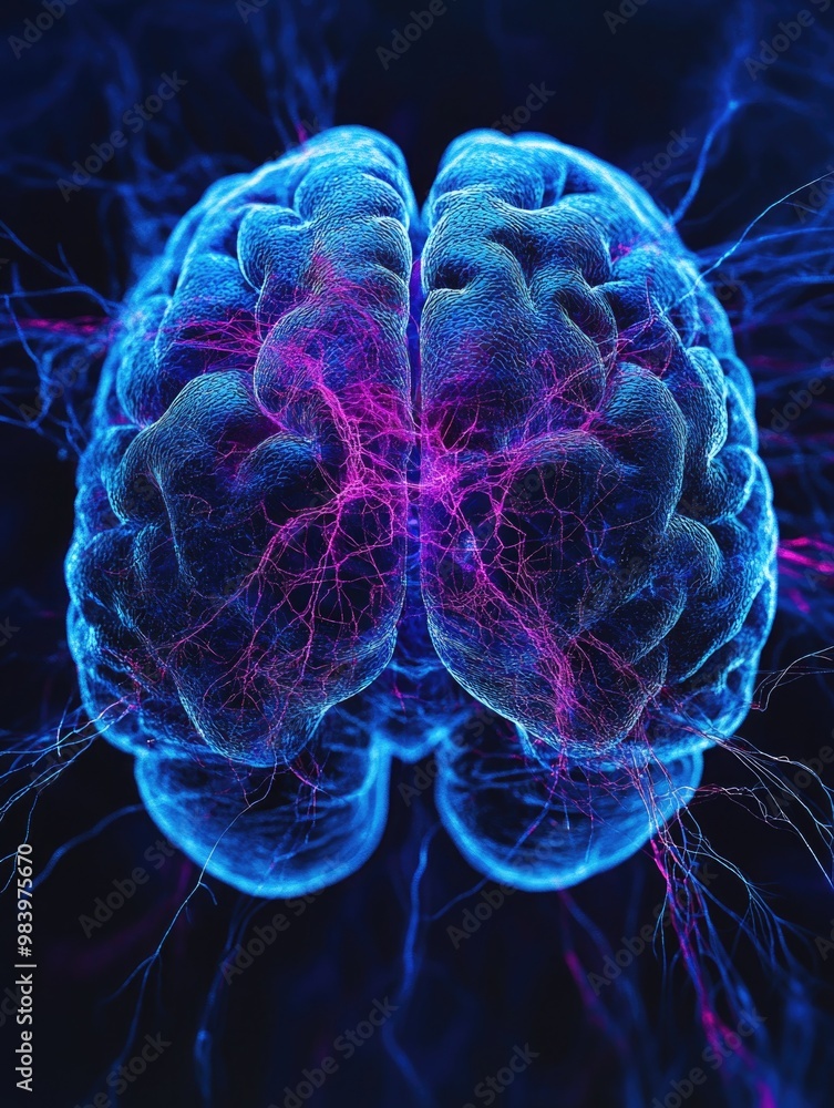 Detailed 3d rendering of the human brain showing neurons, blood vessels ...