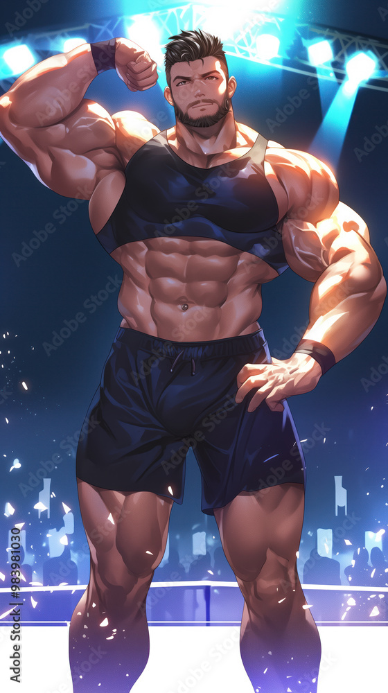 Anime bodybuilder strong muscular man pose at a bodybuilding show with ...