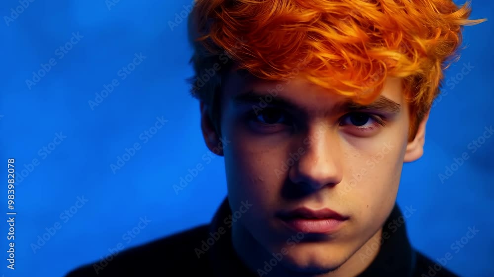Intense portrait of a young man with vibrant orange hair against a blue ...