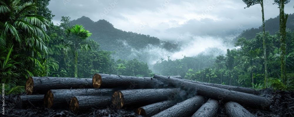 Stacked logs in a tropical rainforest, with misty mountains in the ...