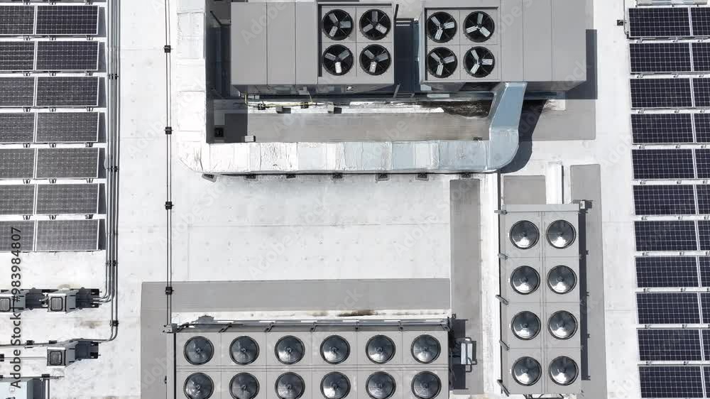 Rooftop view of a commercial building with air conditioning units and ...