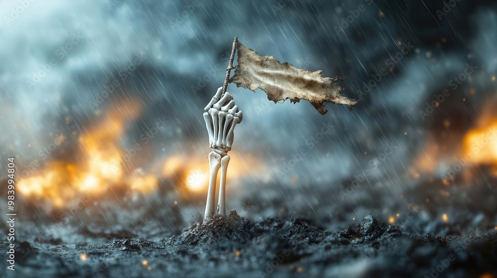 A skeletal hand holding a tattered flag as it rises from the mud on a ...